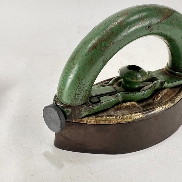 Accents | Antique Flat Sad Iron Resting Stand Trivet Green Wood Handle ...